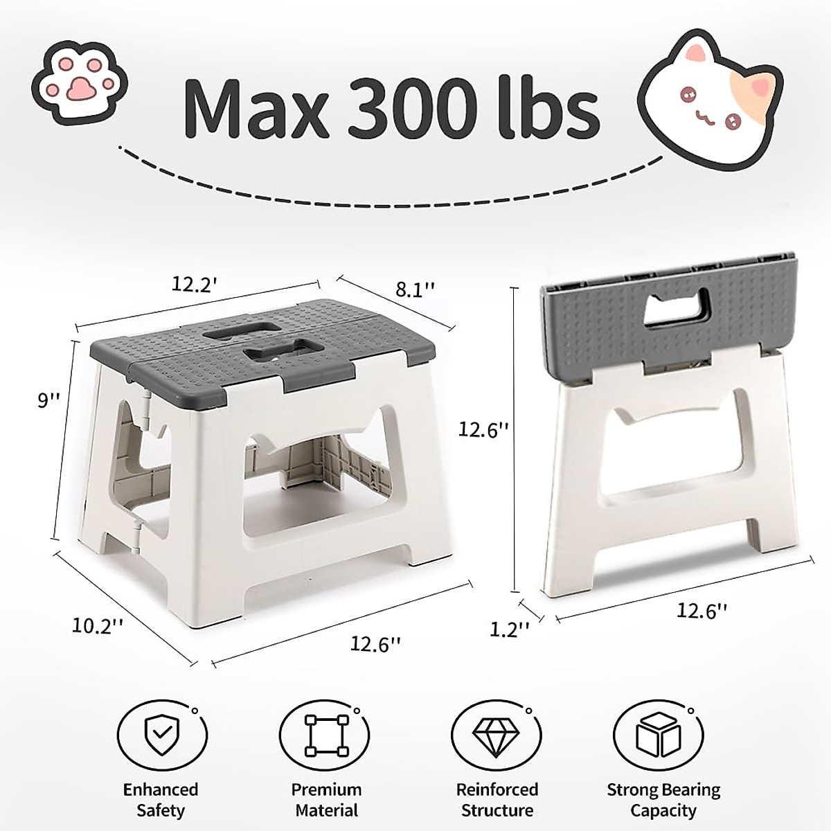 CasaZenith Step Stool Foldable, 9'' Folding Step Stool for Kids & Adults 300 Lb Capacity, Lightweight Small Collapsible Step Stool with Handle, Stepping Stools Suitable for Kitchen Bathroom (Gray)