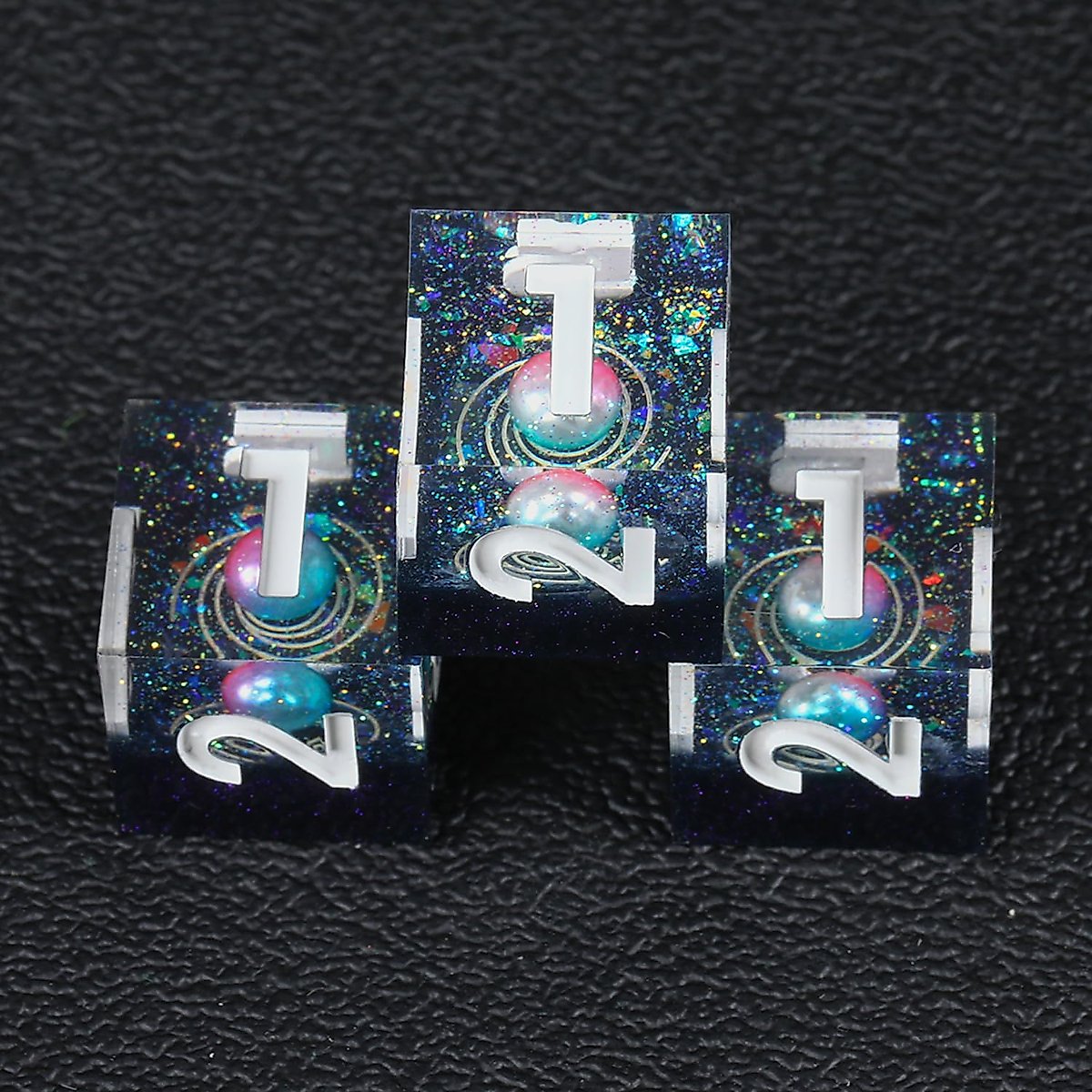 AUSPDICE DND Dice Set Handcrafted Designer 7-Die Polyhedral RPG Dice with Sharp Edges and Beautiful Inclusions for Aesthetic Conscious Tabletop RPG Player Galaxy Series (Dark Color)