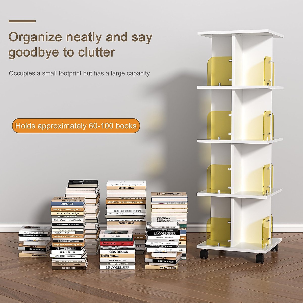VECELO Rotating Bookshelf with Brake Wheels, 360°Display 4 Tier Floor Stackable Spinning-Bookshelf Tower for Kids&Adults, Revolving Bookcase for Small Space,Corner(White)