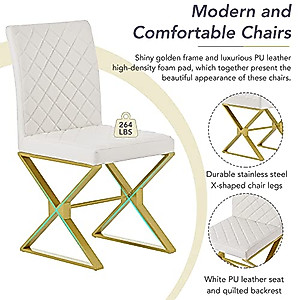 CITYLIGHT 7-Piece Kitchen Dining Table Set,Rectangular Marble Texture Table and 6 PU Leather Chairs with X-Shaped Gold Steel Pipe Legs,Modern Table Chairs Set for Dining Room(White+Gold)