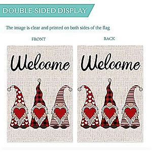 Welcome Valentines Day Garden Flag Vertical Double Sided Buffalo Plaid Gnome Love Heart Spring Garden Flag, Valentine's Day Holiday Anniversary Wedding Yard Outdoor Decoration 12.5 x 18 Inch