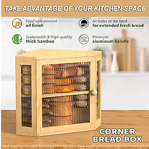 RYLTKISS Corner Bread Box–Extra Large Bread Box for Bread Storage-Durable Bamboo Wood Bread Box for Kitchen Countertop-Double Bread Container with Adjustable Height, Modern Bread Box Easy To Assemble