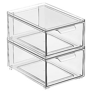 mDesign Plastic Stackable Bathroom Storage with Pull Out Bin Organizer Drawer for Cabinet, Vanity, Shelf, Cupboard, Cabinet, or Closet Organization - Lumiere Collection - 2 Pack - Clear