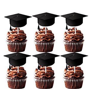 18pcs Black Glitter Cap Dessert Cupcake Topper Congrats Grad 2024 Theme Decorations 2024 Preschool High School College Graduation Party Decor Supplies