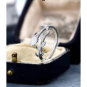 PRAYMOS 925 Sterling Silver Leaf Ring White Opal Rings for Women Adjustable Rings Wrap Opal Engagement Wedding Rings Size 7 8 9 Christmas Gifts for Women