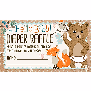 Diaper Raffle Tickets - Woodland Animals Card, Cute Fun Animals and Colorful Baby Shower Games Raffle Sign and Ticket, Gender Neutral, Baby Party Decorations, Set of 50 Double Sided Raffle Cards