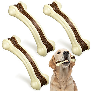 Sosation 3 Pack Chew Toys for Aggressive Chewers, Bone Toys Nylon Beef Flavor Dog Teething Toys for Large/Medium/Small Puppies Breeds(Large, Curved Bone)