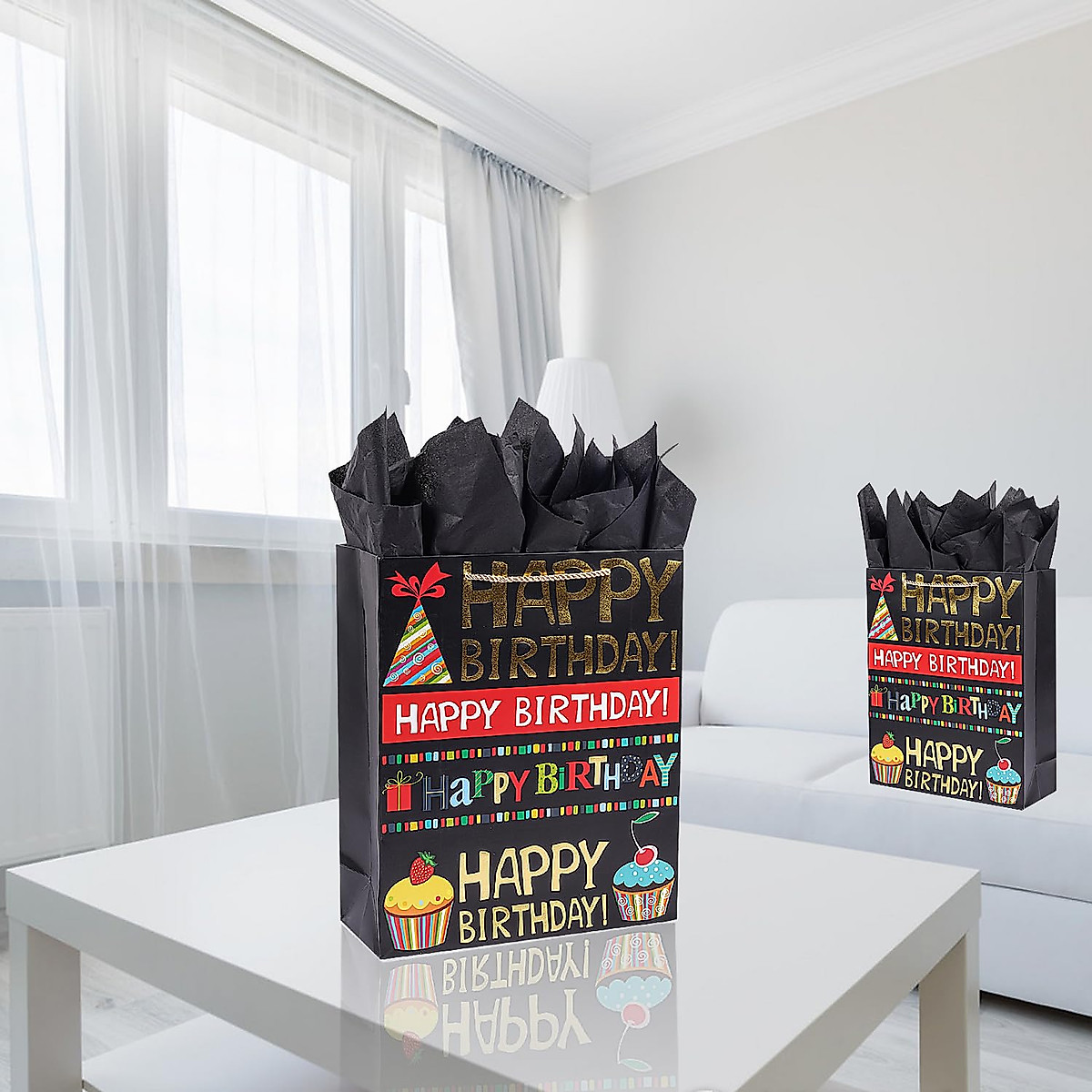 Jaywayang 12.6" Large Happy Birthday Gift Bag with Card and Tissue Paper (Black)