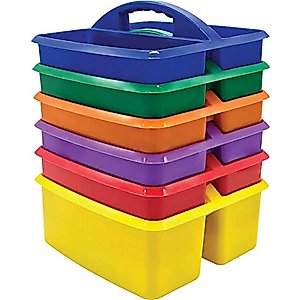 Assorted Primary Colors Portable Plastic Storage Caddy 6-Pack for Classrooms, Kids Room, and Office Organization, (Blue, Green, Orange, Purple, Red and Yellow) 3 Compartment