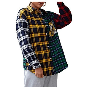 Floerns Women's Tartan Color Block Long Sleeve Plaid Button Down Blouse Multi S
