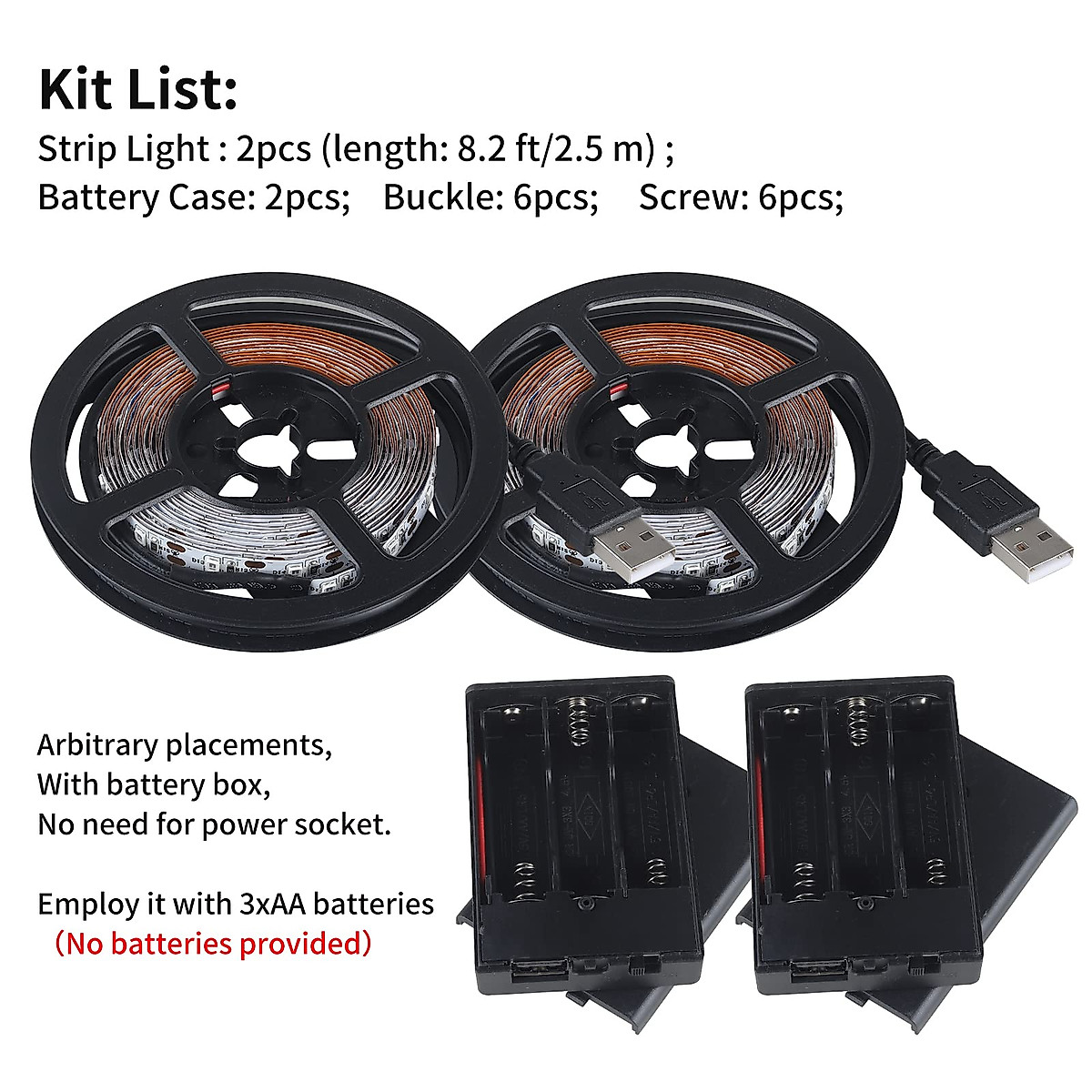 NEWREACH USB LED Light Strip White with Battery Box (Batteries Not Included), 16.4ft Daylight Under Cabinet Strip Lights Cuttable for Bedroom, Mirror, Party, Camping, Christmas, 8.2ft x 2