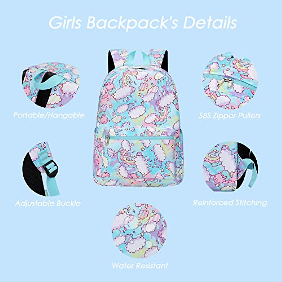 Dafelile Girls Backpack with Pencil Case Set, 2 in 1 Cute Patterns Printed Schoolbag Set Water Resistant Kids Bookbag for Kindergarten Elementary School Girls