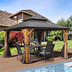 DHPM 12' x 12' Gazebo Polycarbonate Double Roof Canopy Outdoor Aluminum Frame Pergola, Permanent Pavilion with Netting and Curtains for Garden Patio Lawns Parties