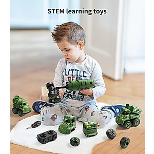 Geyiie Take Apart Toys for Kids, Army Building Truck with Electric Drill, Stem Toy DIY Assembly Military Vehicles Construction Tool Toy Gift for Toddler 3-8