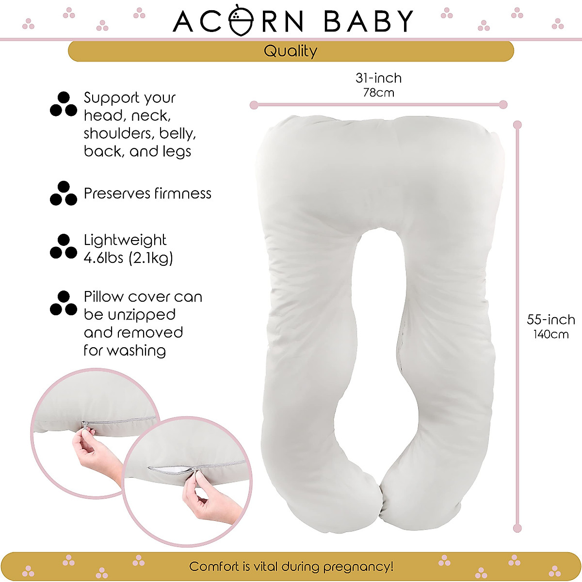 Acorn Baby Full Body Pillow - Light Gray 55 x 31in Firm Curved Body Pillow with Jersey Cover for Belly and Back Support