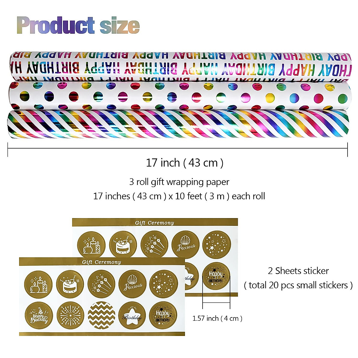 KORSEEN Gift Wrapping Paper Roll, Rainbow Gold Foil Wrapping Paper for Birthday, Party, Holiday - 3 Mini Rolls Birthday Gift Wrap - 17 x 120 Inch Per Roll