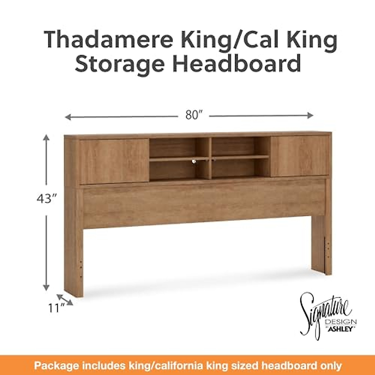 Signature Design by Ashley Thadamere Rustic Storage Headboard with USB Ports, King/California King , Light Brown