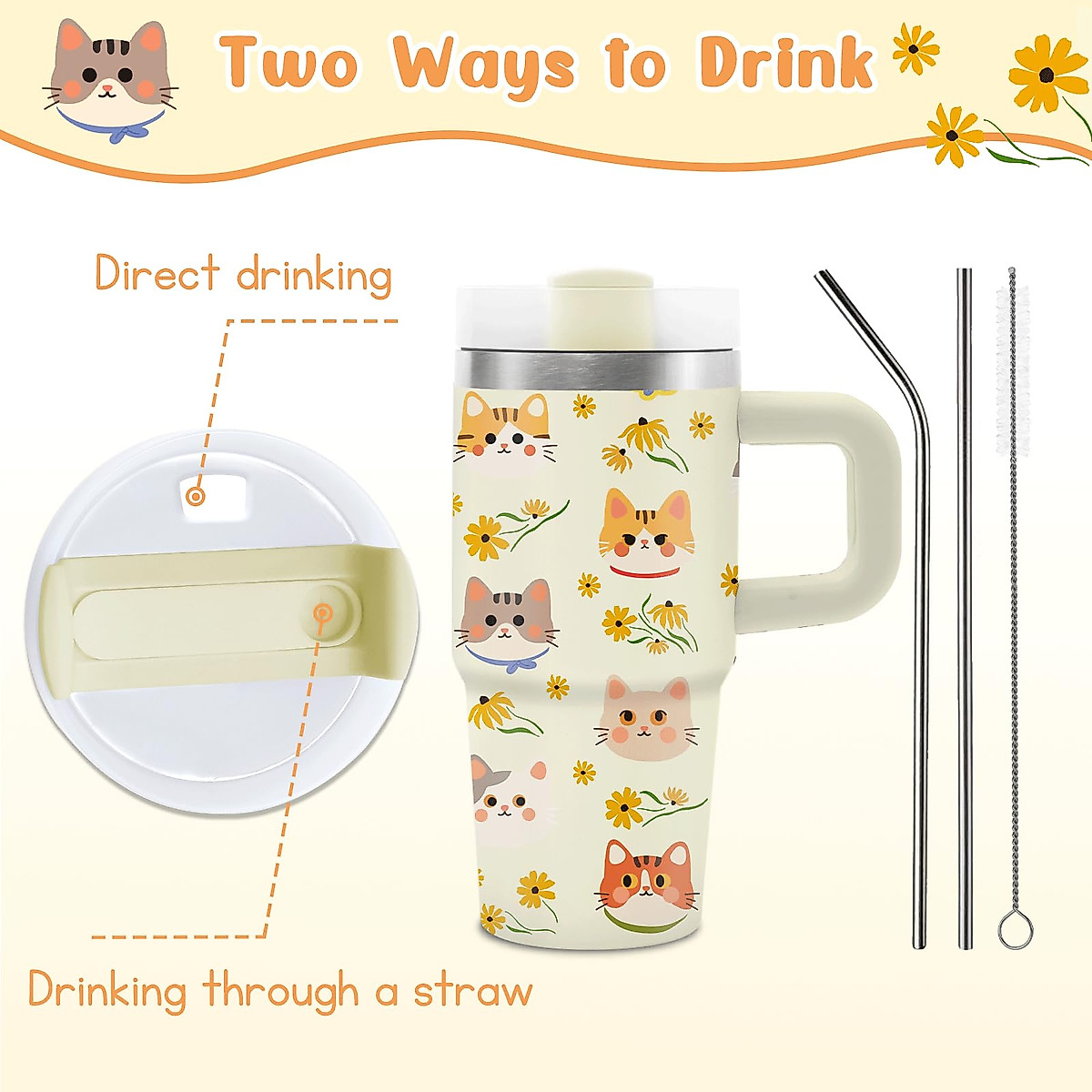 Cat Lover Gifts, 14oz Cat Tumbler With Handle for Kids, Gifts for Cat Lover Girls, Valentines Day Cat Gift for Women Girls, Cat Stainless Steel Tumblers, Just A Girls Who Lovers Cats Mug