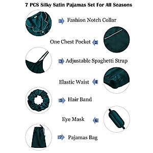 SWOMOG Womens Silk Satin Pajamas Sets 7pcs Sleepwear Sexy Cami Shorts Set and Button Down Short Sleeve Satin Pjs Deep Green Large