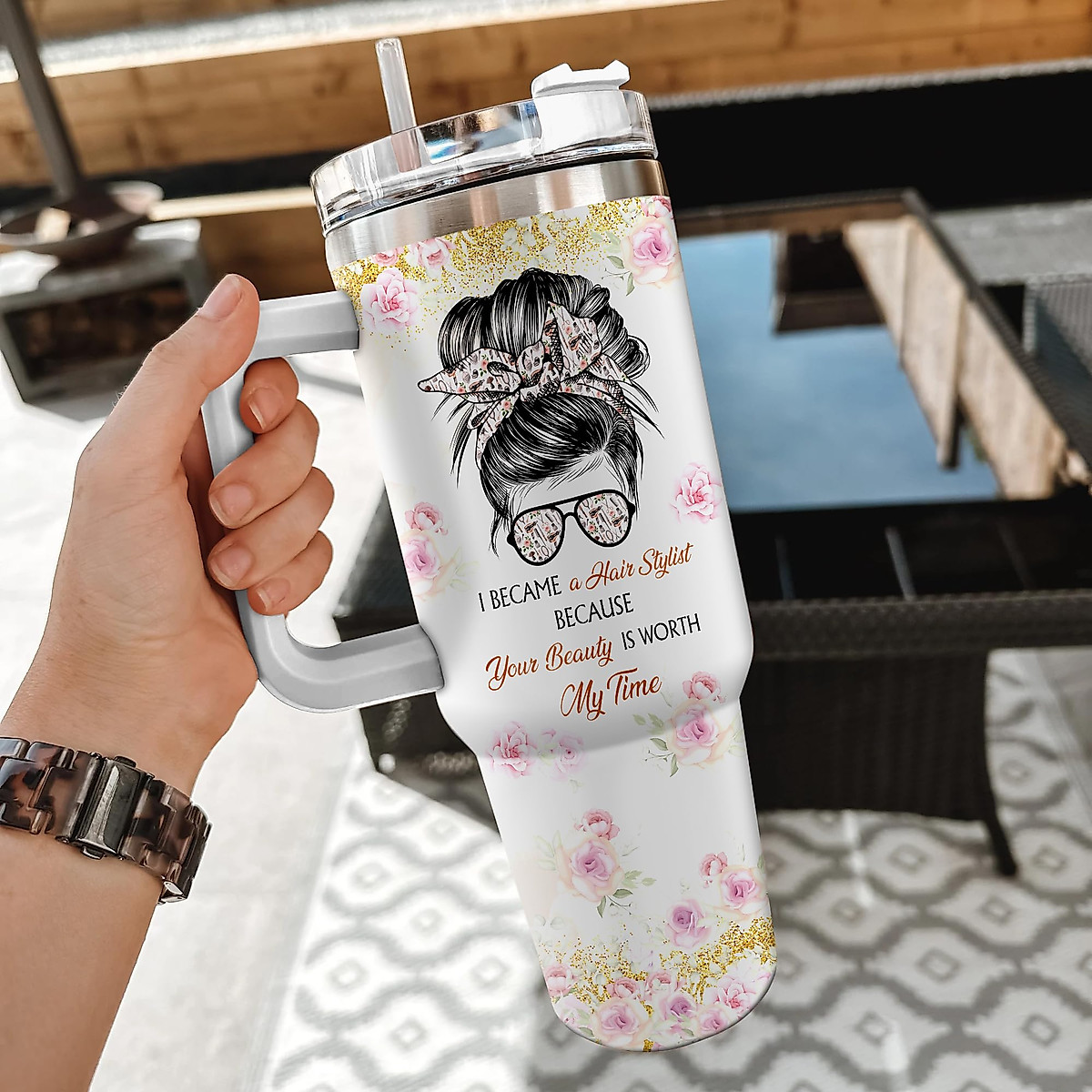 Hyturtle Personalized Coffee Tumbler Hairstylist Customized Name 40 oz Tumbler with Handle and Straw Lid, Birthday Gifts For Hairdressers Men Women Insulated Mugs Wine Tumblers Stainless Steel Cups