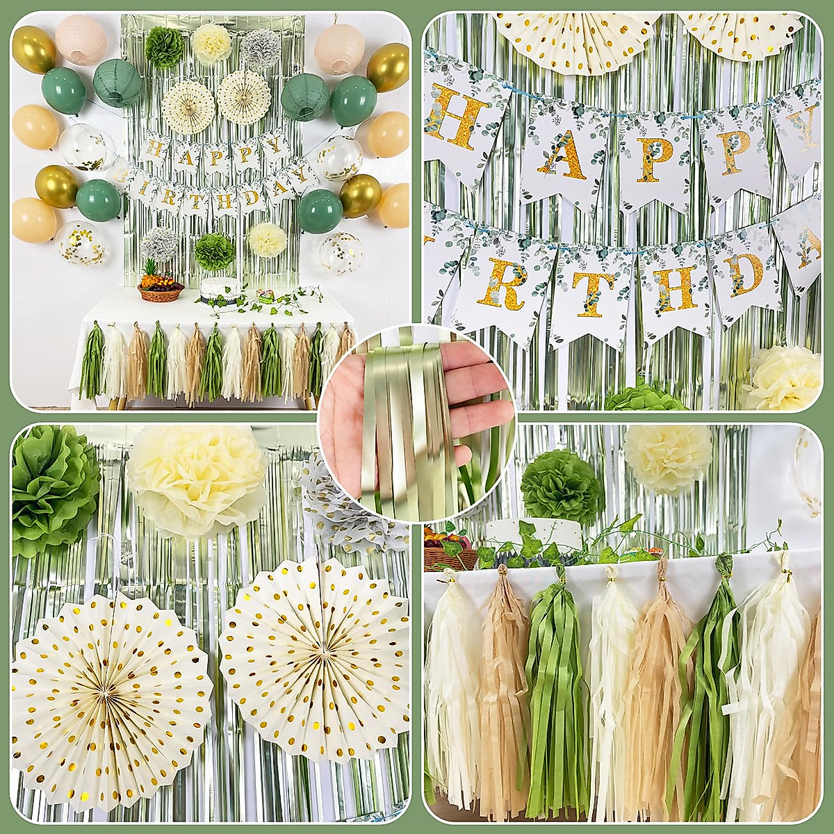 Sage Green Birthday Party Decorations with Happy Birthday Banner Olive Green Gold Balloons Fringe Curtain for Girls Women Baby Shower Birthday Decor