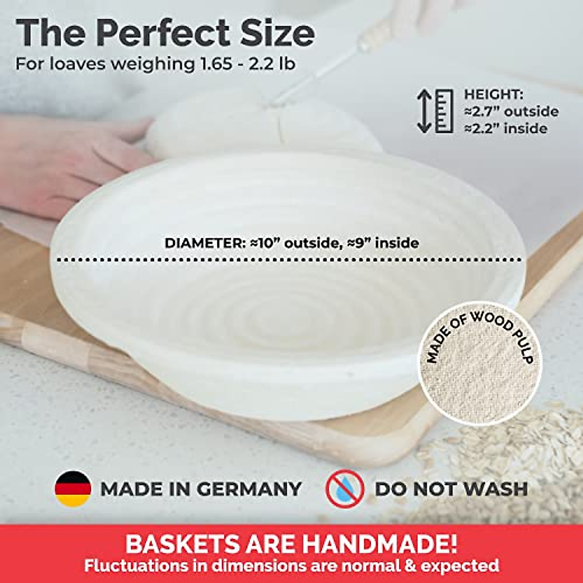 Bulka Banneton Bread Proofing Basket Spruce Wood Pulp Round 9" Groove, Sourdough Bread Baking Supplies Brotform - Non-Stick Dough Proving Bowl, Gifts for Bakers making Artisan Loaves, Made in Germany.