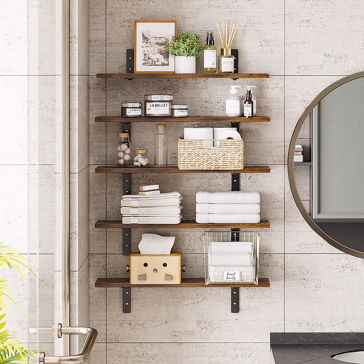 YIJIALEA 5-Piece 24'' Floating Shelves, Wood Bathroom Shelves Over Toilet, Farmhouse Bookshelves for Living Room, Kitchen, Storage and Wall Decor, MDF, 50 lbs Capacity