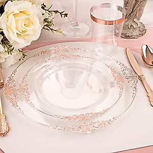 Nervure 350PCS Rose Gold Plastic Plates - Clear Rose Gold Disposable Plates for 50Guests - 50Dinner Plates, 50Dessert Plates, 150Rose Gold Silverware, 50Cups, 50Rolled Napkins for Wedding & Party