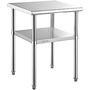 VEVOR Stainless Steel Prep Table, 24 x 24 x 36 Inch, 600lbs Load Capacity Heavy Duty Metal Worktable with Adjustable Undershelf & Universal Wheels, Commercial Workstation for Kitchen Garage Backyard