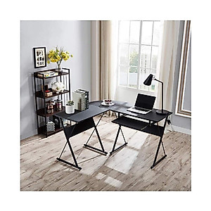 Desk L Shaped Computer with Keyboard Tray, Wood Reversible Corner, L- Shaped Gaming Home Office PC Study Table Workstation Wooden Black Round Corner