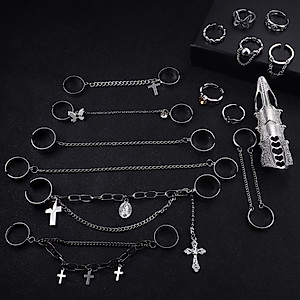 Ubjuliwa Gothic Punk Chain Finger Rings Set 15Pcs Adjustable Stackable Vintage Silver Emo Rings for Women Men Cross Butterfly Knuckle Rings