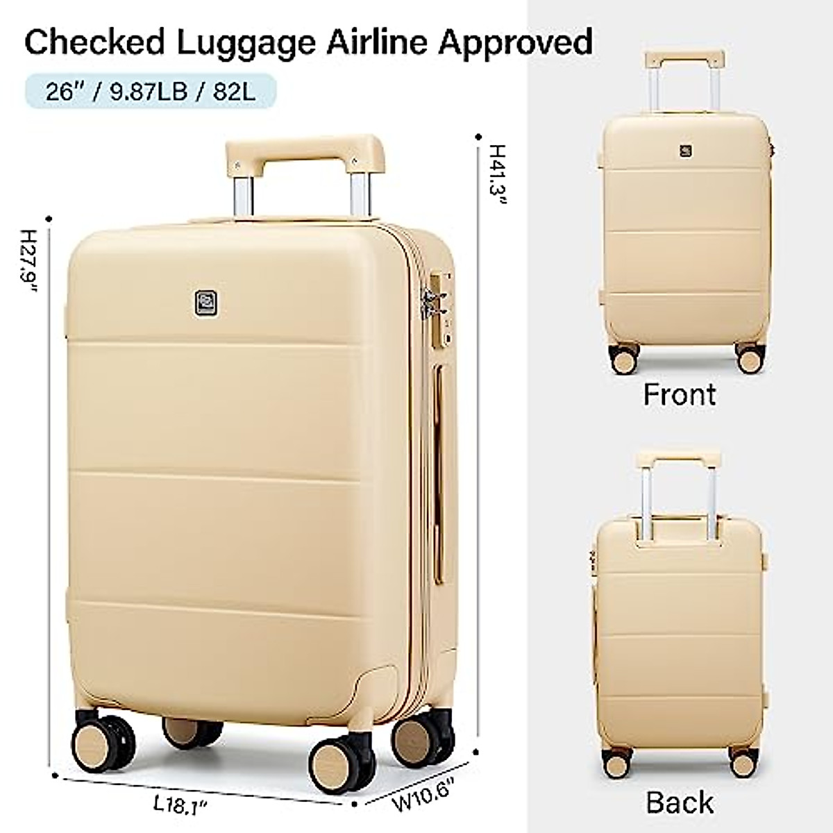 Hanke 26 Inch Luggage Large Suitcase With Spinner Wheels Tsa Luggage Suitcases Traveler's Choice Hard Case Luggage For Women & Men Rolling Checked Luggage(Cuba Sand)
