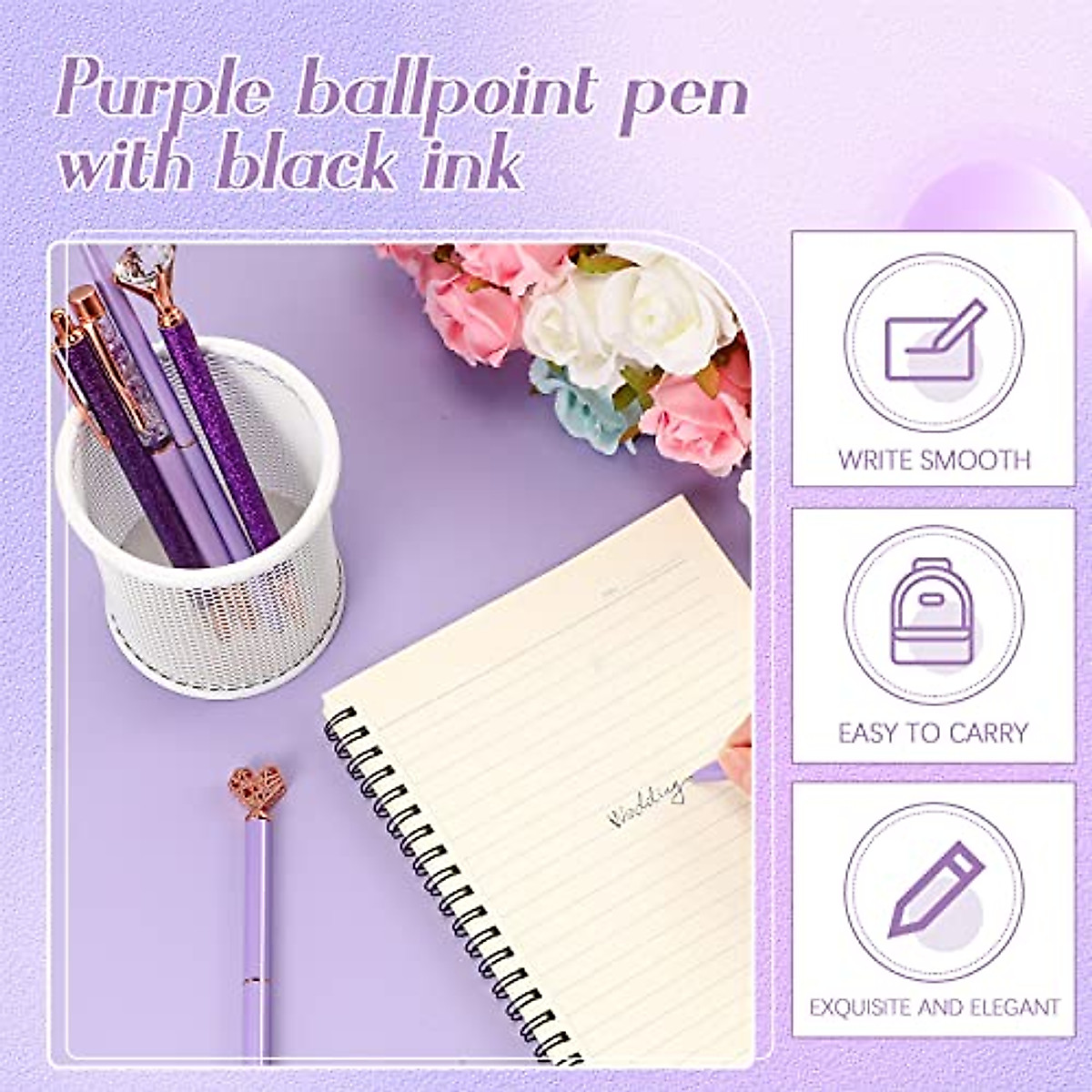 6 Pcs Ballpoint Pen Set Include Crystal Diamond Pen Slim Metal Ballpoint Pens Black Ink Stylus Pen Liquid Sand Pen Retractable Glitter Pen for Office School Gifts Wedding Party Supplies (Purple)