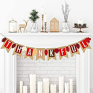 Adurself Thankful Burlap Banner Fall Autumn Maple Leaves Rustic Burlap Harvest Banner Mantel Fireplace Wall Hanging for Home Office School Party Decor Thanksgiving Decoration