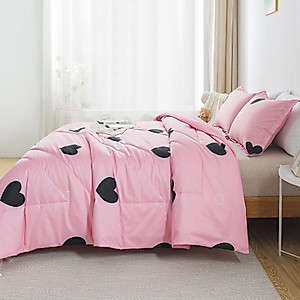 Caressma Blush Pink Love Comforter Set King Size, Cute Heart Pattern Bedding Comforter for Girls Women, 3 Pieces Soft Microfiber Fluffy Lovely Comforter Set for All Seasons Room Decor
