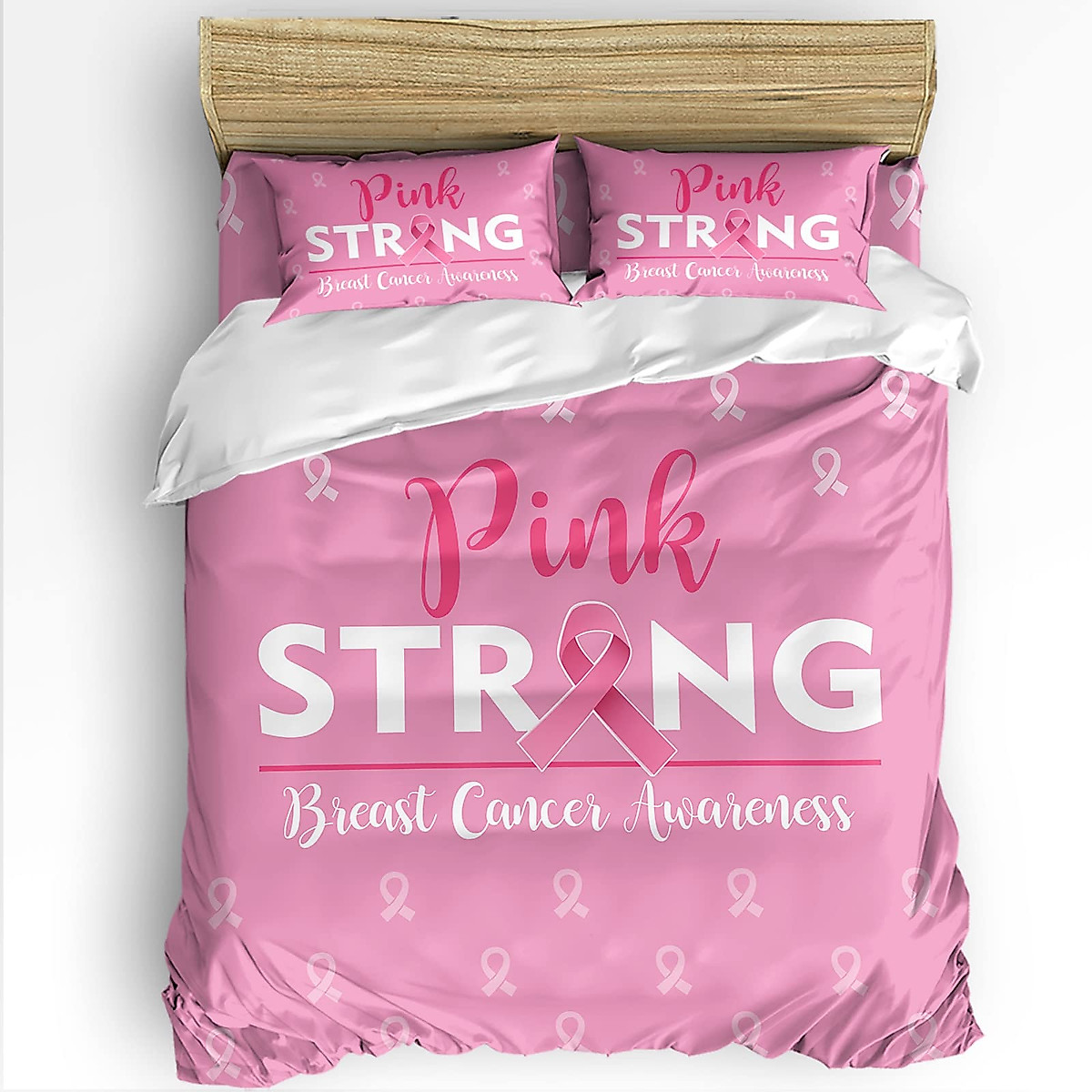 Yukro Duvet Cover Set Queen Size, Breast Cancer Awareness Pink Ribbons Pattern Soft 4 Pieces Bedding Set with Comforter Cover, A Pair of Pillowcases and Fitted Sheet for Bedroom Decor