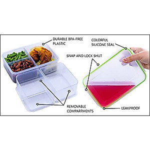 Kitchen & Cabana Set of 3 - Bento Lunch Boxes (3 Removable Compartments) - Snap Shut & Lock Closed, Leak Proof Food Containers, Multi-Colored. Perfect for Work, Travel and Anytime You're on the Go.