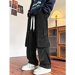 Floerns Men's Casual Corduroy Pants Drawstring Waist Straight Leg Cargo Pants Black M