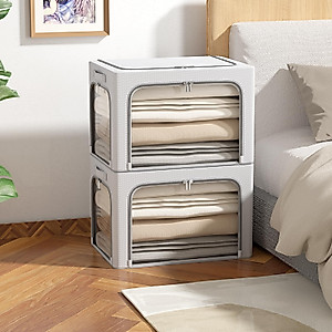 3Pack Clothes Storage Bins - Oxford Frame Storage Box Foldable Stackable Storage Organizer with 3 Openings Design, Metal Frame, Clear Window, Carry Handles (36L-15.7 * 11.8 * 11.8in, Grey)