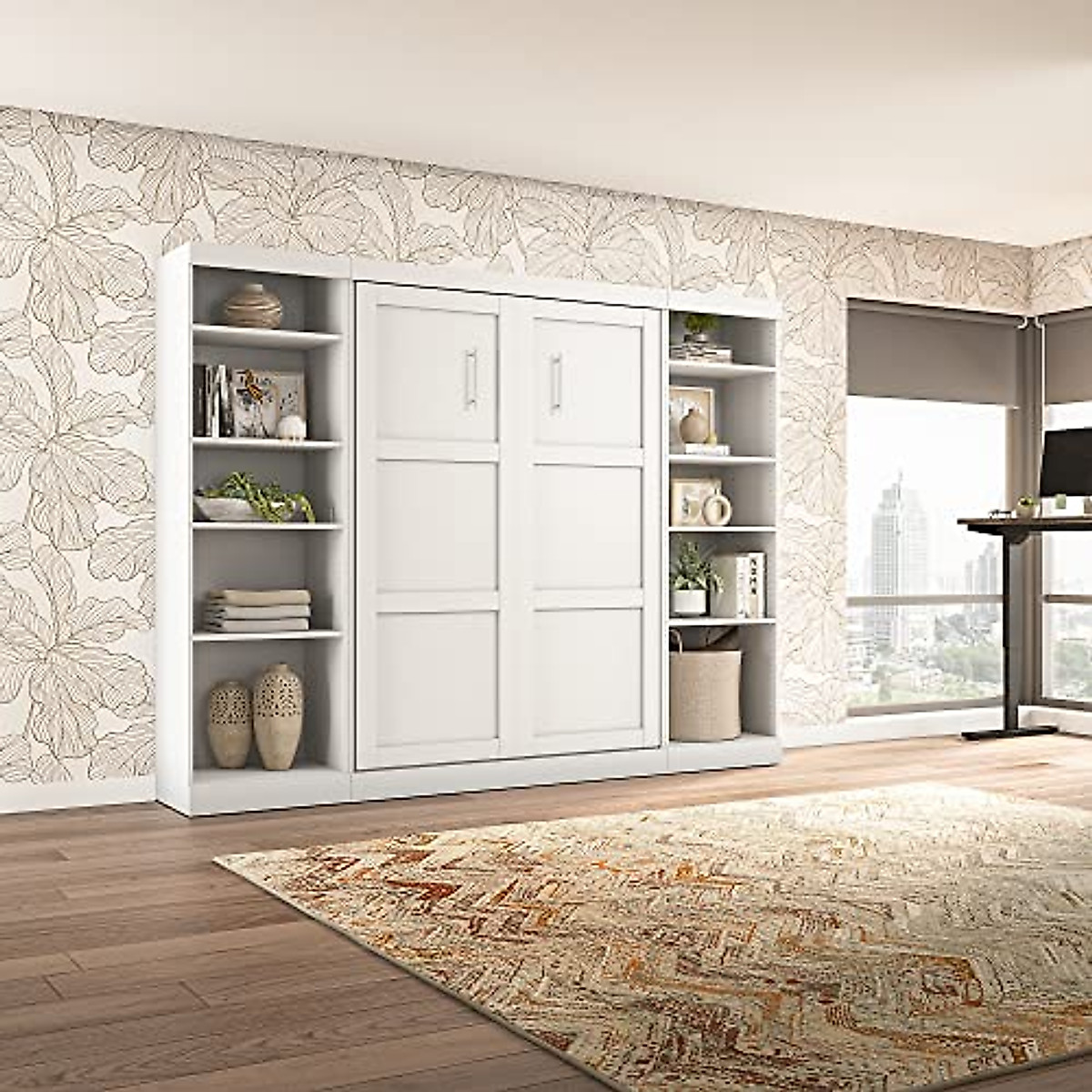 Bestar Pur Full Murphy Bed with 2 Shelving Units, 109-inch Space-Saving Wall Bed with Storage