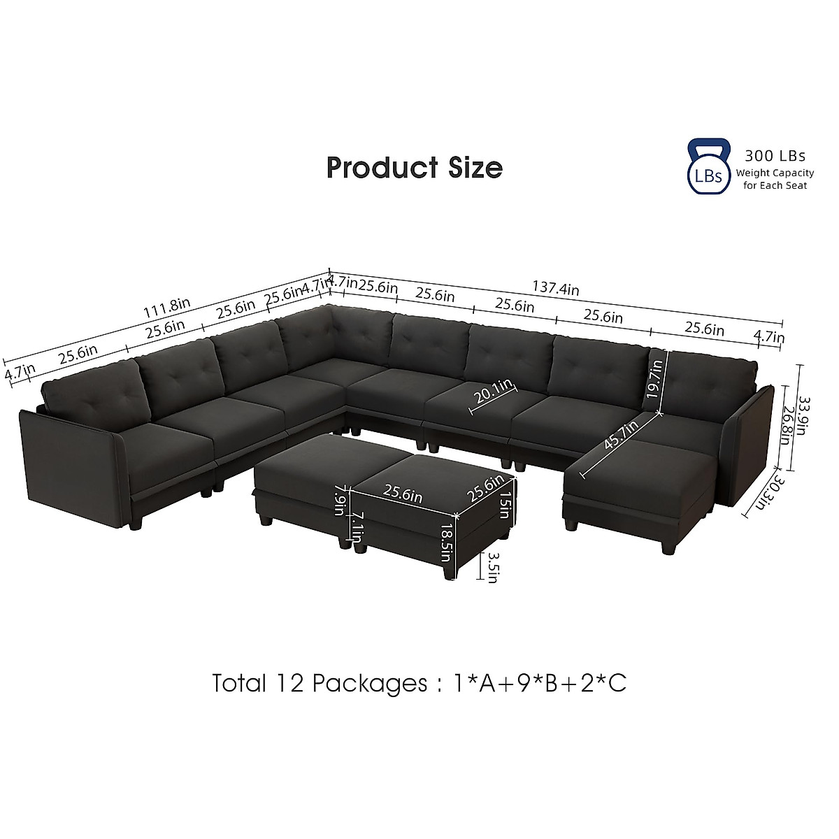 LLappuil Modular Sectional Sofa with Storage Oversized U Shaped Couch with Reversible Chaise Velvet Waterproof Anti-Scratch Sofas for Living Room 10 Seats with Ottoman Grey Brown