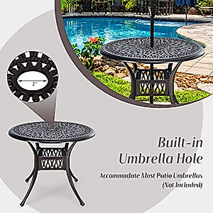 Tangkula 36 Inch Outdoor Dining Table, Round Cast Aluminum Patio Dining Table with Umbrella Hole, Weather-Resistant Patio Bistro Table for Backyard, Garden, Poolside