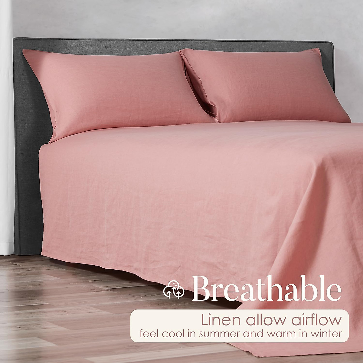 DAPU Pure Linen Sheets Set, 100% French Linen from Normandy, Breathable and Durable for Hot Sleepers, 4 Pcs Set - 1 Flat Sheet, 1 Fitted Sheet, 2 Pillowcases (Pink Clay, King)