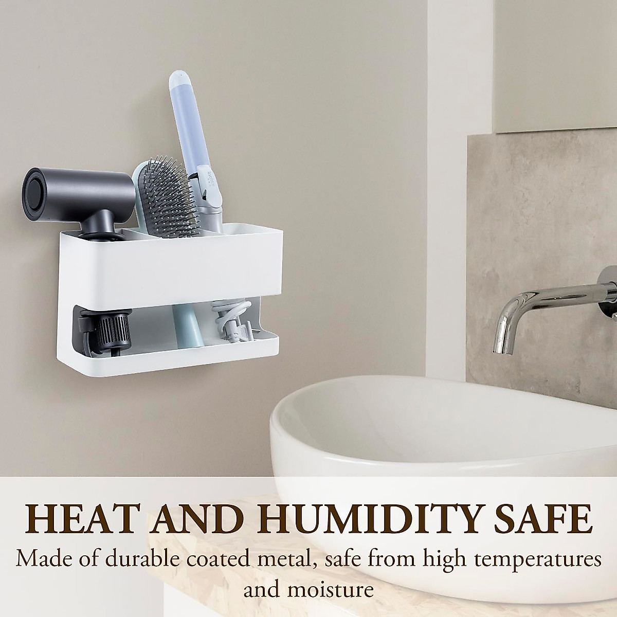 MyGift Hanging Modern White Metal Hair Tools Organizer with 3 Slots, Wall Mounted or Countertop Salon Styling Accessories Holder Rack for Blow Dryer Straightener Curling Iron