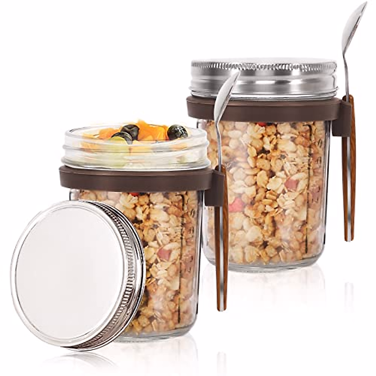 KesaPlan Overnight Oats Containers with Lid and Spoon, 10oz Airtight Large Capacity Mason Jar, 2PCS Leak-proof Oatmeal Jars with Measurement Marks, Reusable On The Go Parfait Cups for Yogurt Cereal