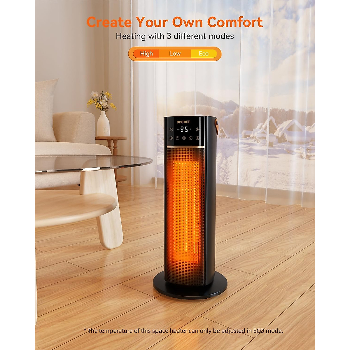 OPODEE Space Heater, 1500W PTC Ceramic Heating 18" Electric Space Heater for Office, Large Room, Indoor Use, Bedroom, Portable Heater with Thermostat, Safety Protection, 70°Oscillating, 24H Timer