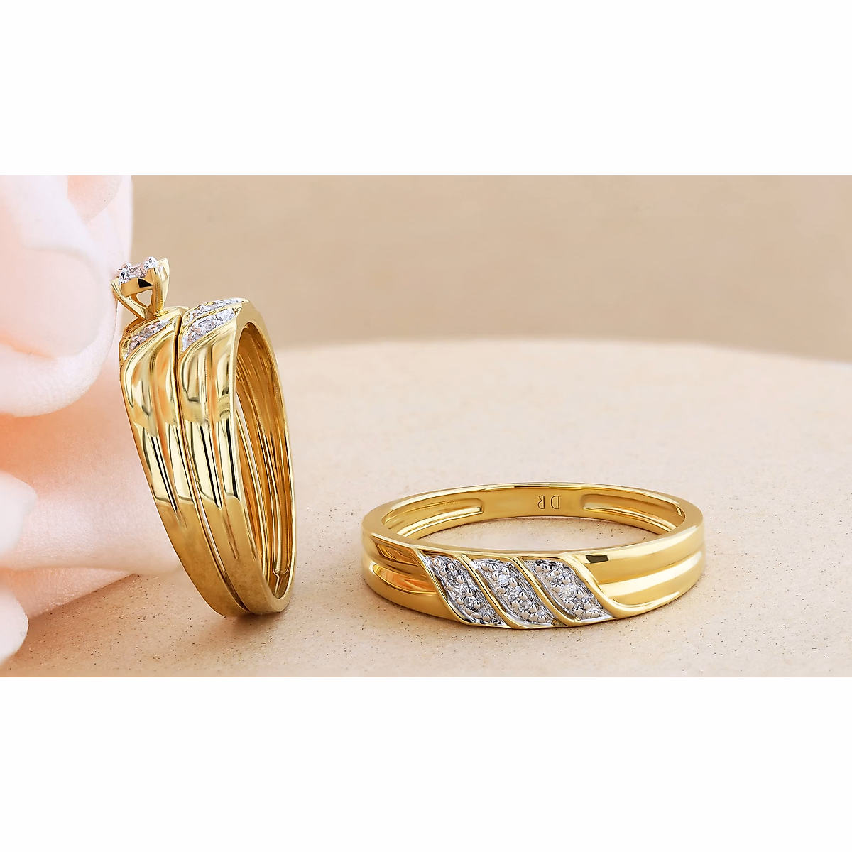 Dazzlingrock Collection 0.10 Carat Round White Diamond Illusion Wedding Trio Ring Set in Yellow Gold Plated Sterling Silver, Women size 5.5 and Men size 7.5