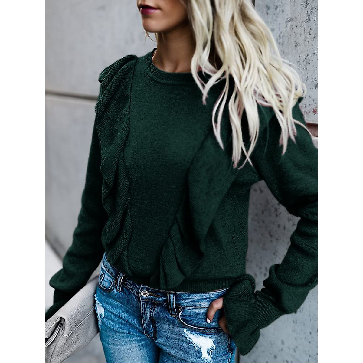 Valphsio Women's Long Sleeve Rib Ruffle Front Sweater Crewneck Puff Shirt Pullover Cute Tops (Large, Green)