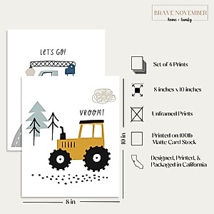 Construction Decor for Boys Room - 4 Car Posters for Boys Room Decor, 8x10 Unframed Construction Signs for Kids Wall Art, Toddler Room Decor for Boys Bedroom Decor, Playroom & Nursery Decor for Boys