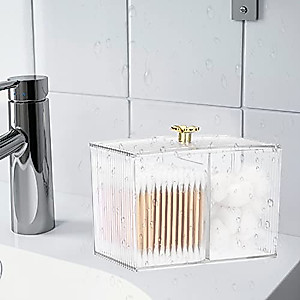 Hipiwe Acrylic Q-tip Holder with Lid- 3 Sections Bathroom Dispenser Jar Cotton Ball and Swab Organizer Plastic Apothecary Jar Makeup Storage Canister Box for Cotton Rounds Pads Floss